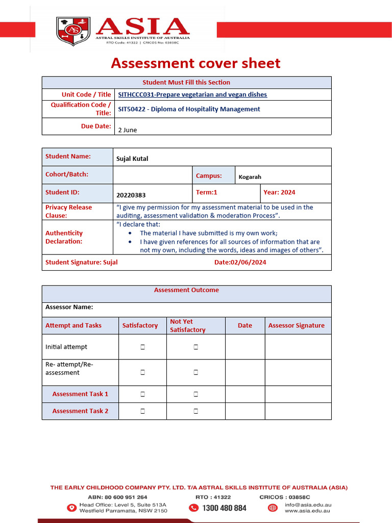 SITHCCC031 Assessment Cover Sheet | PDF | Tofu | Soybean