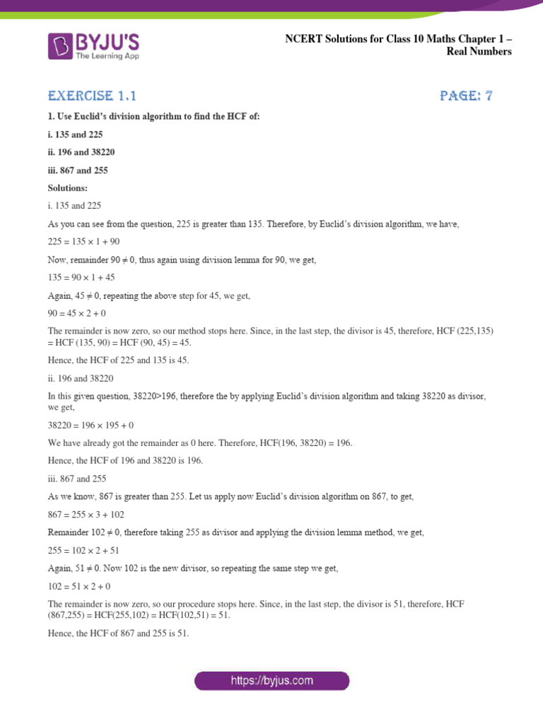 NCERT Solutions For Class 10 Maths Chapter 1 Real Numbers Exercise 1.1 | PDF | Theoretical ...