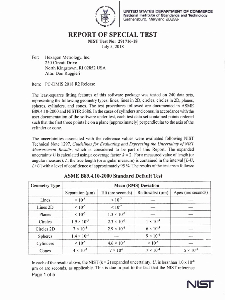 NIST Test Report PC DMIS 2018 R2 | PDF