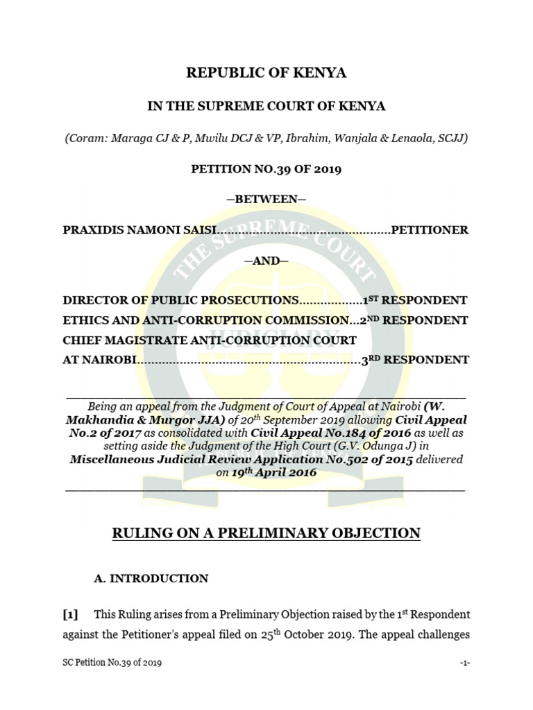 Ruling Petition 39 of 2019 Praxidis Namoni Vs Director of Public Prosecutions Ruling On A ...