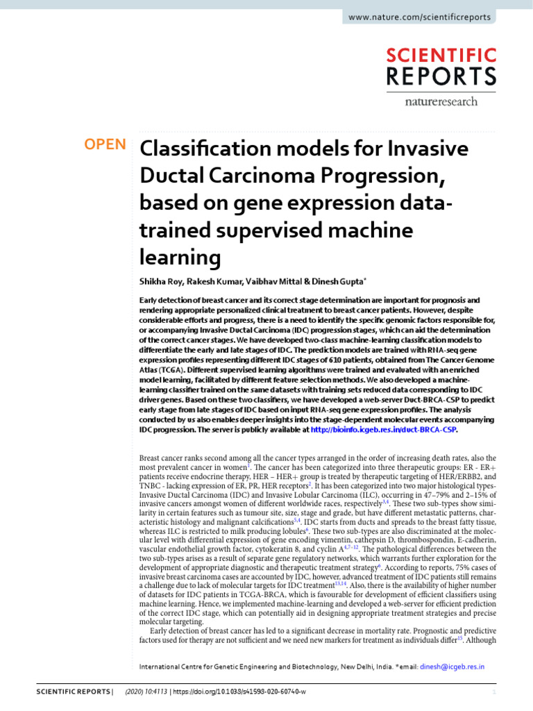 Classification Models For Invasive Ductal Carcinoma Progression, Based On Gene Expression Data ...