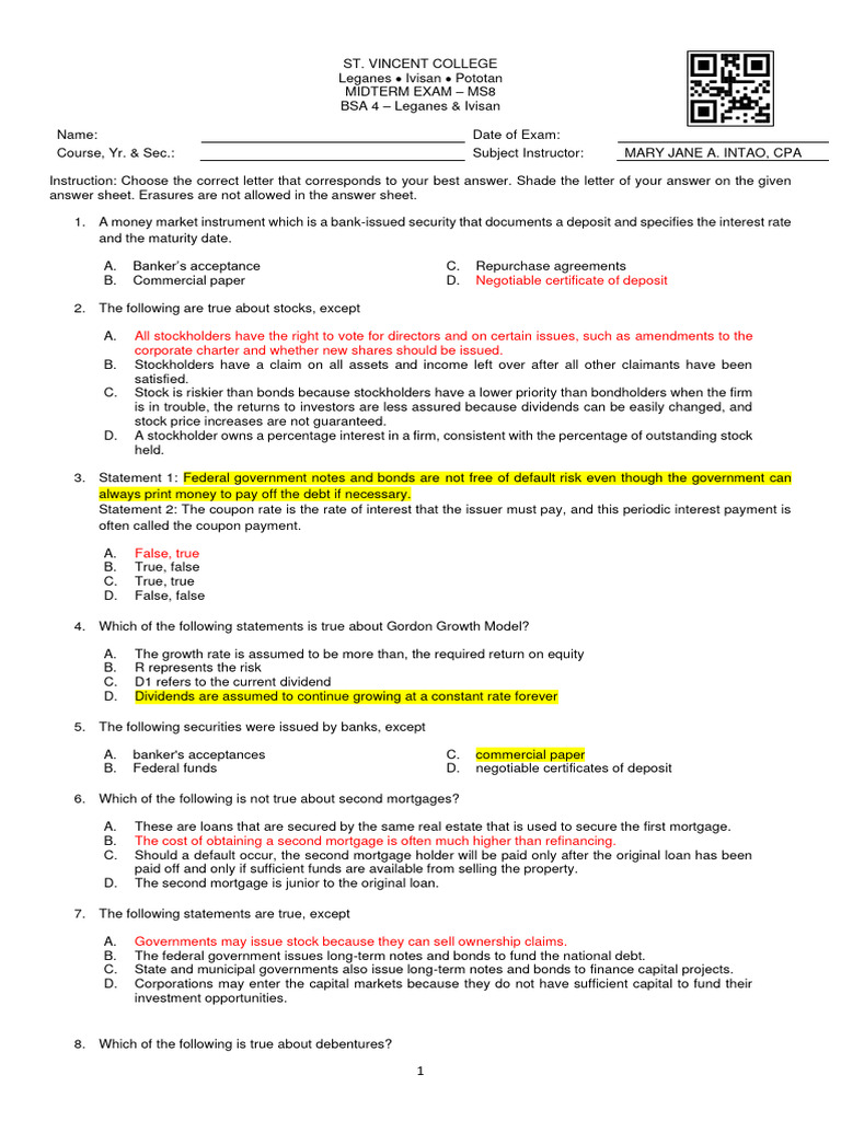 MS8 - Midterm Exam Answer Key | PDF | Bonds (Finance) | Mortgages