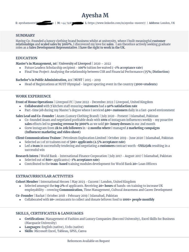 Ayesha CV (For LinkedIn Followers) | PDF | Private Sector | Marketing