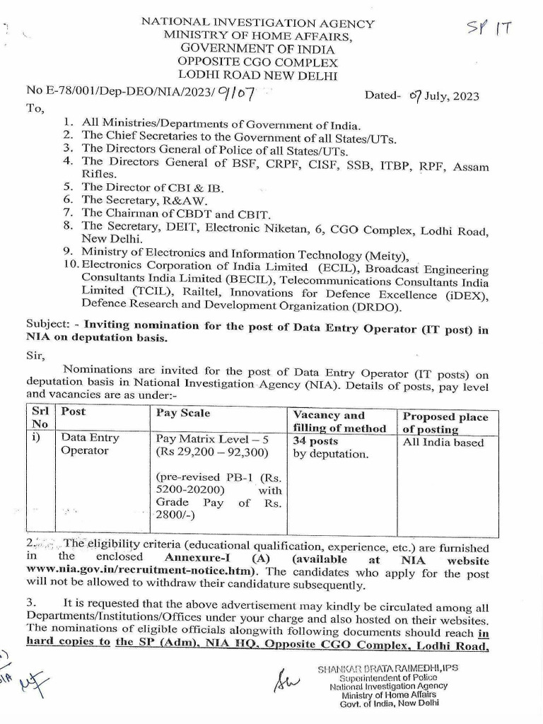 NIA Recruitment 2023 Apply Offe For 34 Data Entry Operator DEO ...
