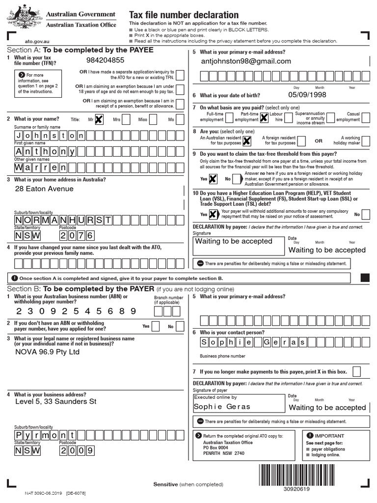 Tax File Number Declaration Form | PDF | Payments | Government Finances