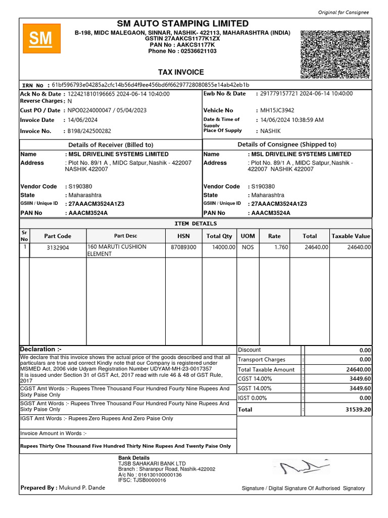 SM Auto Stamping Limited: Tax Invoice | PDF | Invoice | Taxation