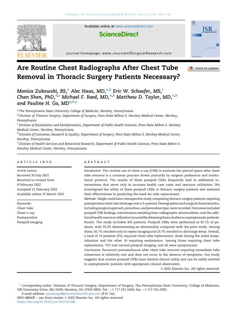 Necessity of Post-Chest Tube X-Rays | PDF | Surgery | Cardiothoracic ...