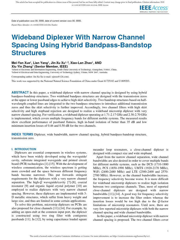 Wideband Diplexer With Narrow Channel Spacing Usin | PDF | Filter ...