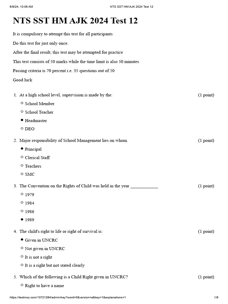 NTS SST HM AJK 2024 Test 12 | PDF | Sentence (Linguistics) | Clause