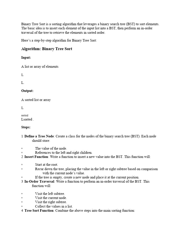 Binary Tree Sort Algorithm Pdf Applied Mathematics Theoretical