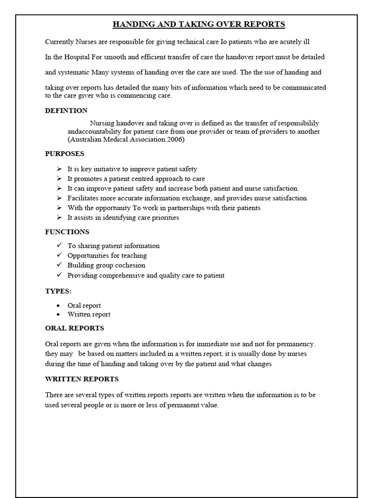 Handing and Taking Over Reports: Defintion | PDF | Patient | Nursing