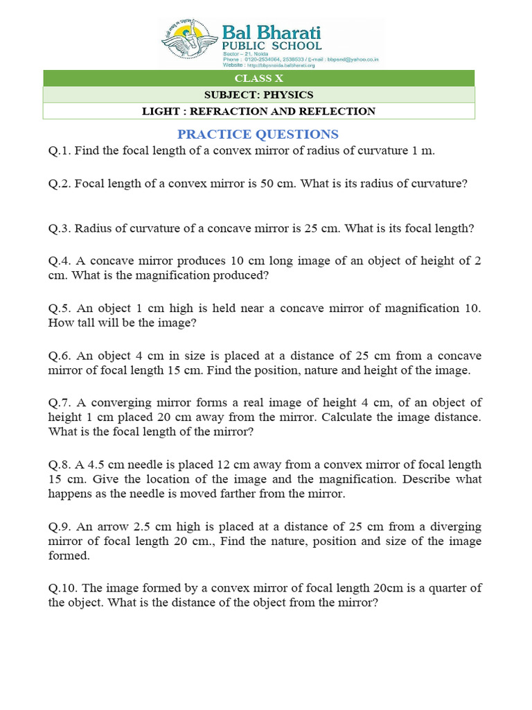 Class 10 Mirror Formula Numericals | PDF | Atomic | Optics