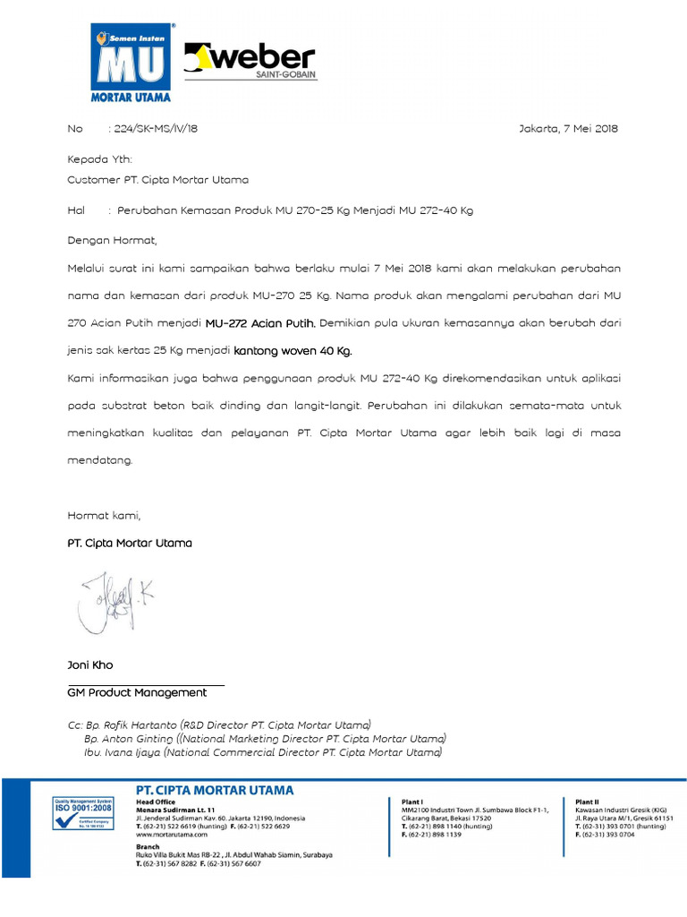 Perubahan Nama dan Kemasan MU 270 | PDF
