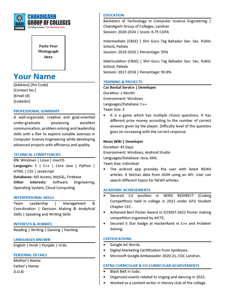 One Page Resume Format-3 | PDF | Databases | Android (Operating System)