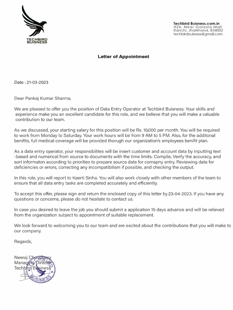 pankaj kumar sharma offer letter final | PDF