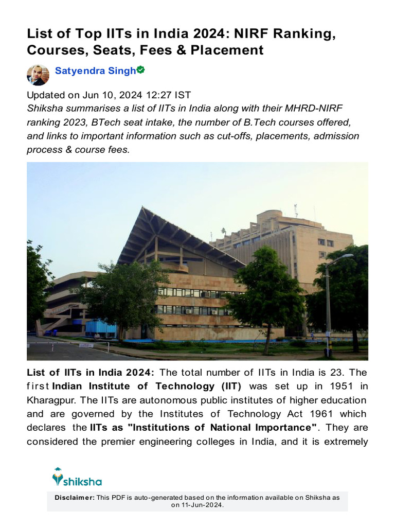 List of Top Iits in India 2024: Nirf Ranking, Courses, Seats, Fees ...