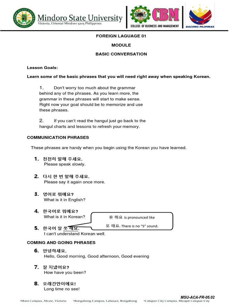 FOR LANG 01 Basic Conversation Module | PDF | Korean Language | Human ...