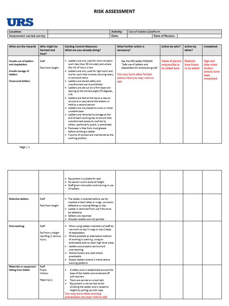 Use of Ladders Risk Assessment | PDF | Ladder | Occupational Safety And ...