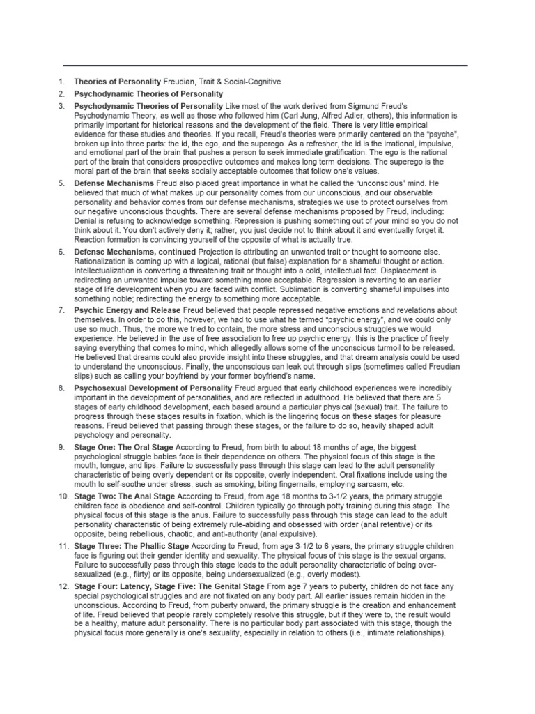 Theories of Personality Notes | PDF | Id | Psychodynamics