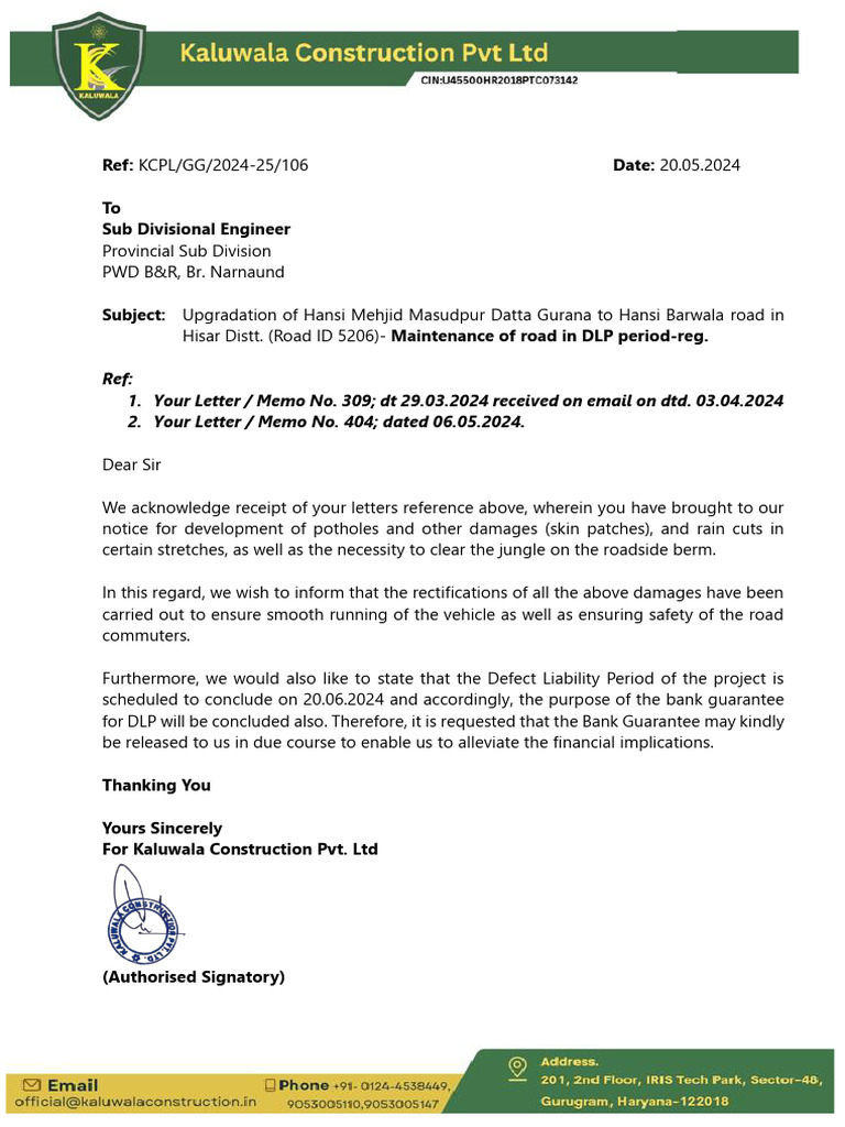 our letter no. 106_ dt 20.05.2024-Maintenance of road in DLP period ...