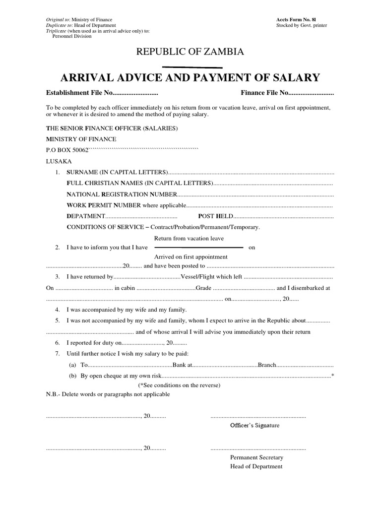 Zambia Salary Arrival Advice Form | PDF | Cheque | Business Law