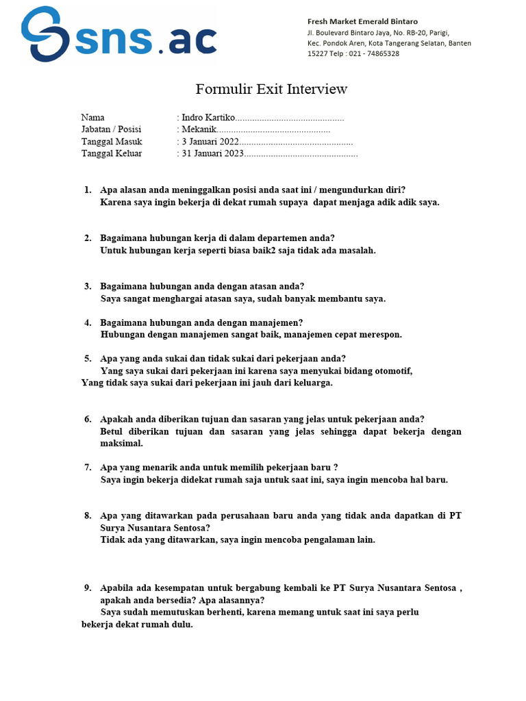 Formulir Exit Interview | PDF