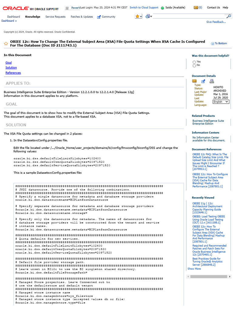 OBIEE 12c How To Change The External Subject Area (XSA) File Quota Settings When XSA Cache Is ...