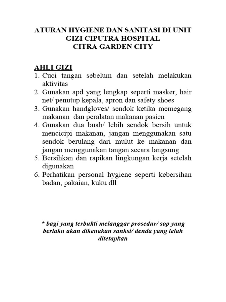 Aturan Hygiene Dan Sanitasi Di Unit Gizi Ciputra H | PDF