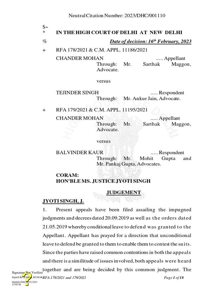 Chander Mohan Vs Tejinder Singh Conditionally Leave To Defend PDF