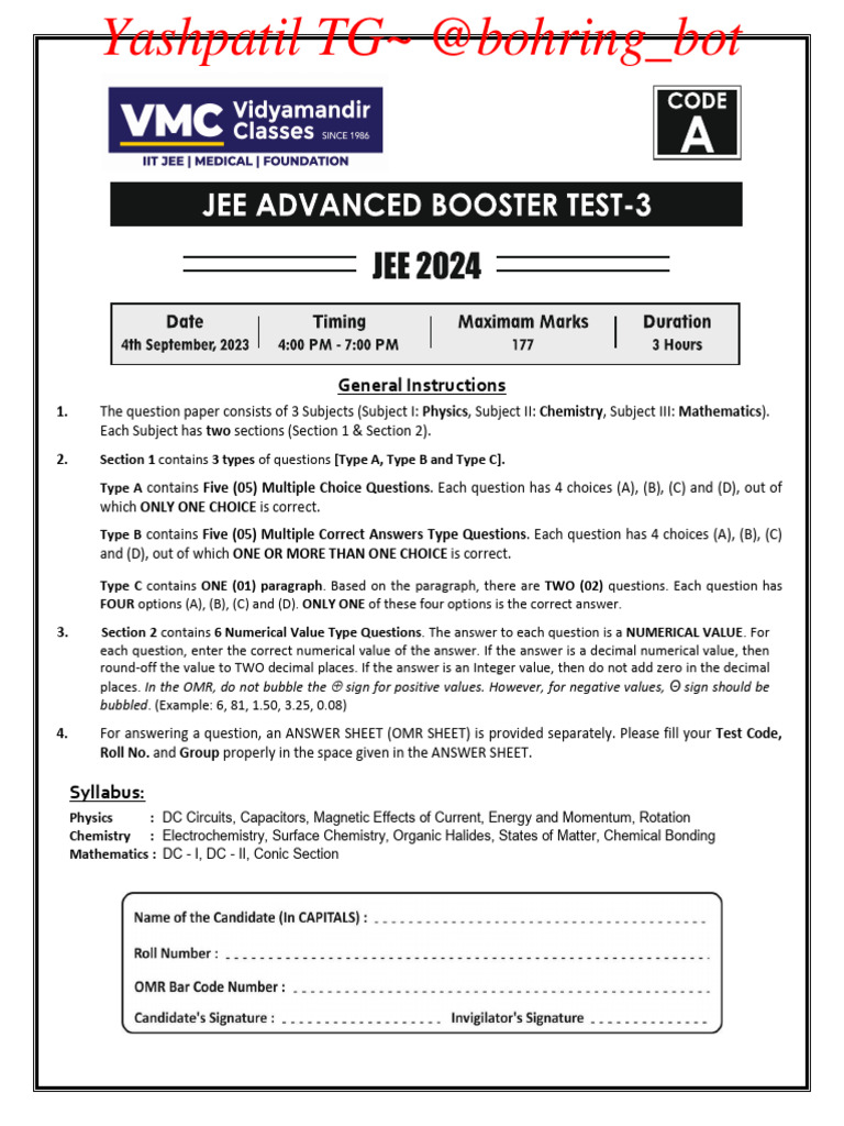 Jee 2024-Advanced Booster Test-3 - Paper | PDF | Gases | Physical Sciences