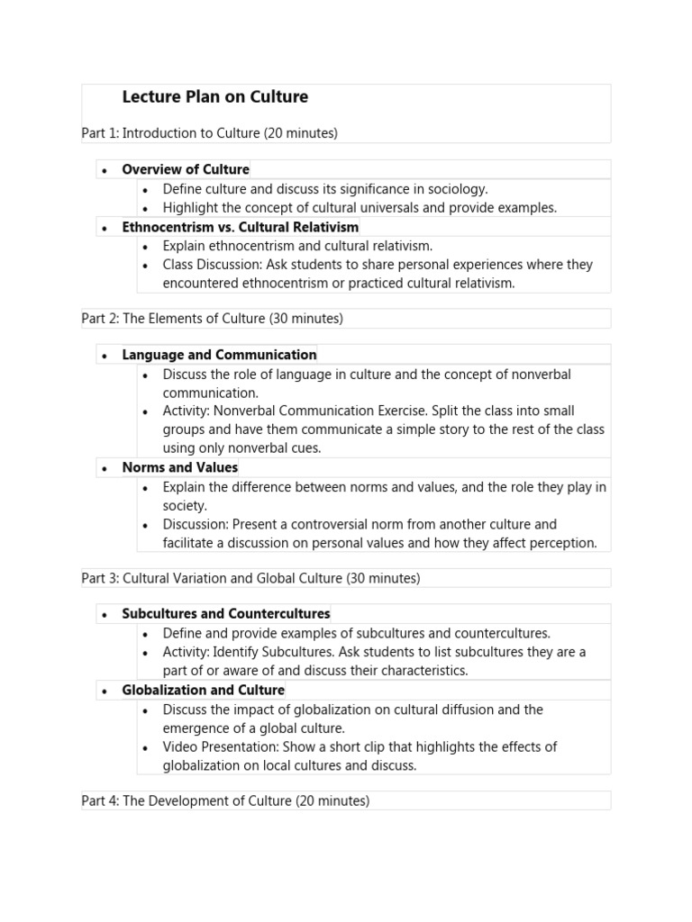 Comprehensive Lecture Plan on Culture | PDF | Communication | Globalization