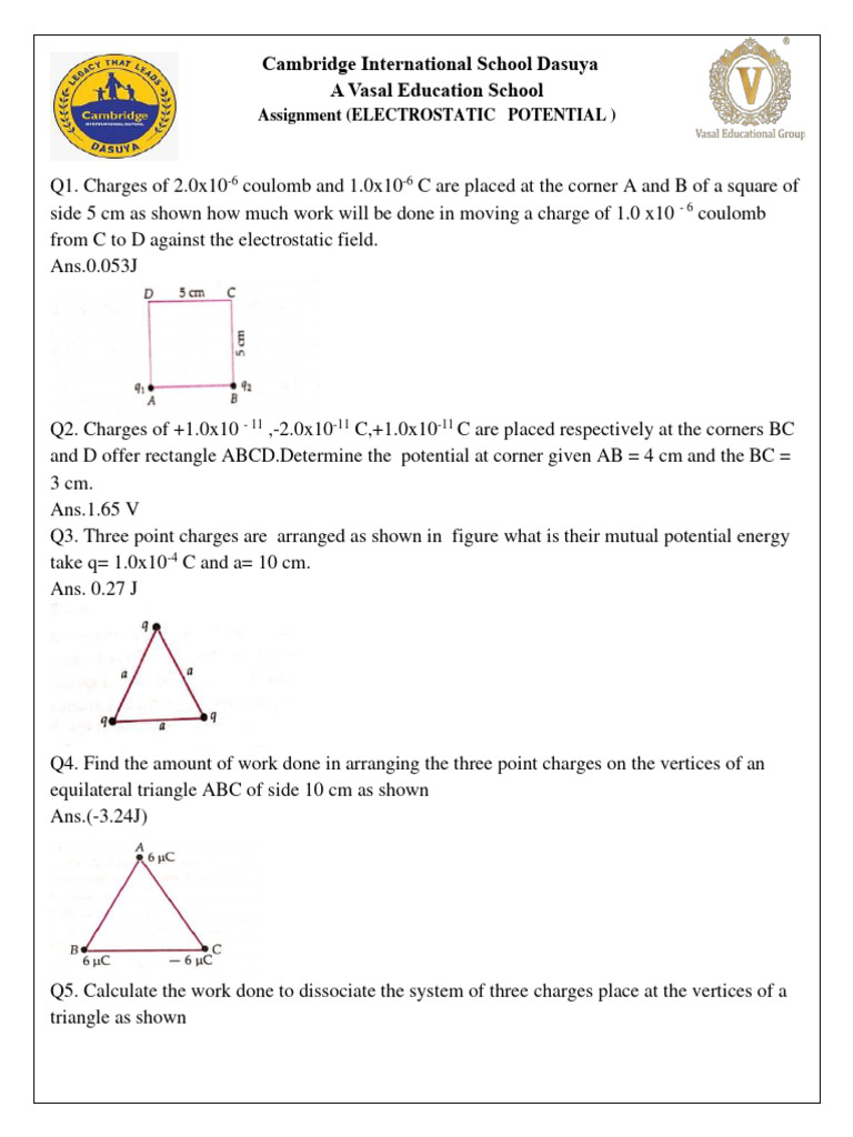 Assignment 12th Electrostatic Potential | PDF