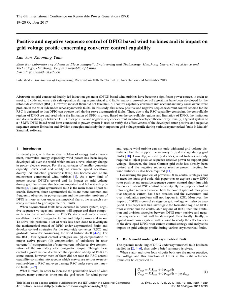 Paper - Positive and negative sequence control of DFIG WTGs - 2018 | Download Free PDF ...