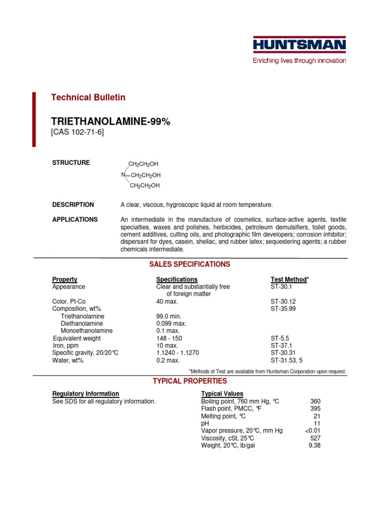 Triethanolamine 99 TDS | PDF | Chemical Substances | Chemistry
