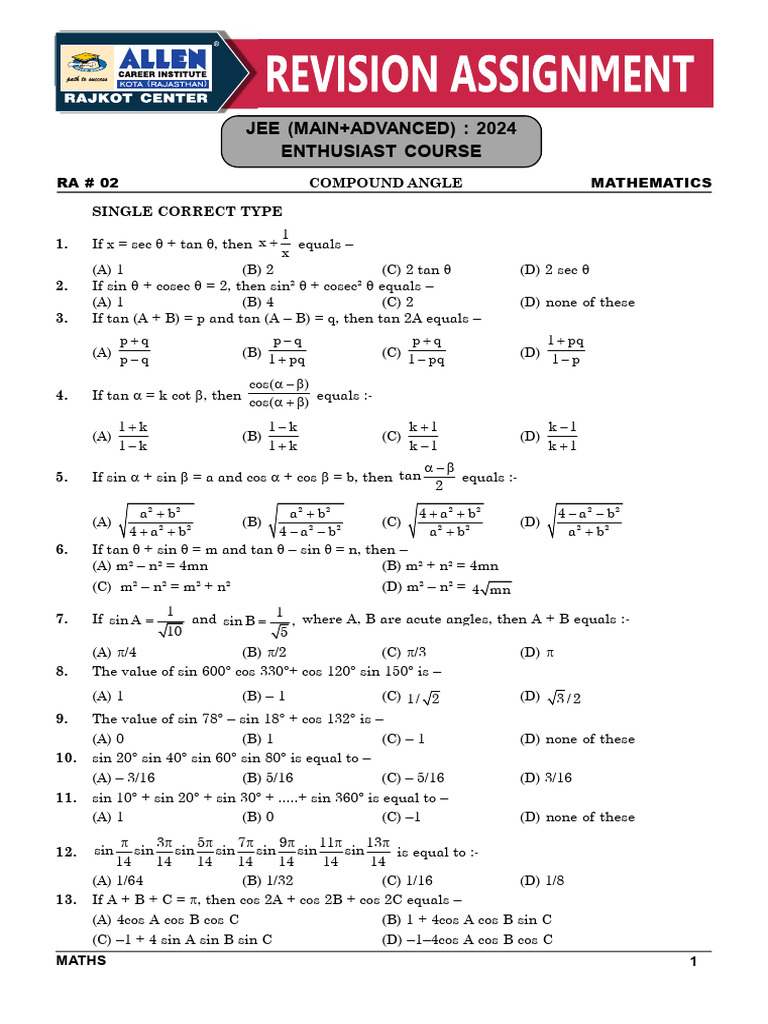 RA-02 WEEK-2 [Compound Angle, Trigo Eqn, SOT] | Download Free PDF ...