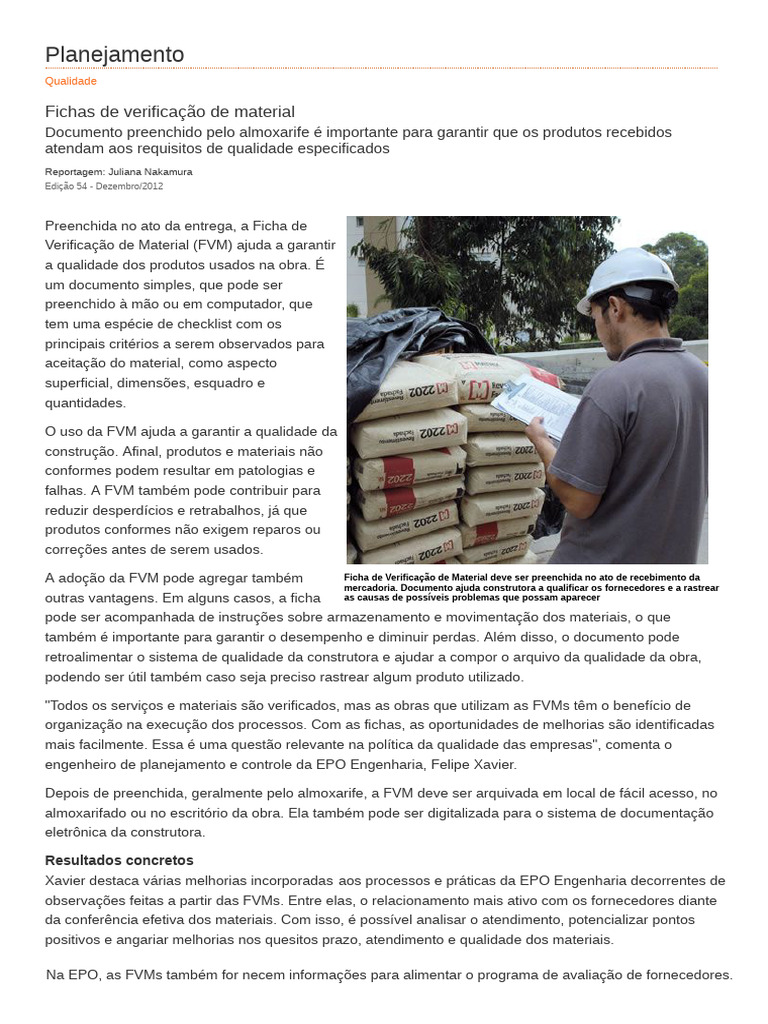 Fichas de Verificação de Material (EquipeObra, 2012) | PDF | Qualidade ...