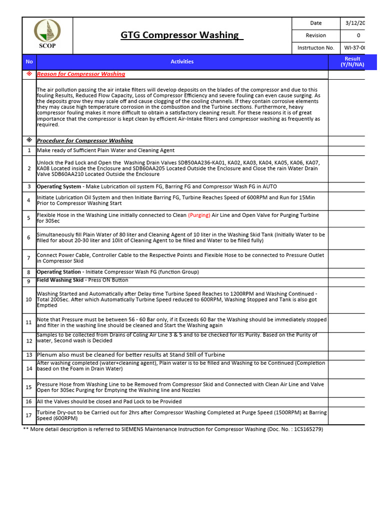 WI-37-0005 GTG Compressor Washing | PDF | Water | Mechanical Engineering