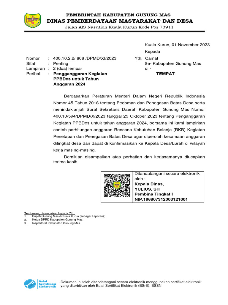 Surat Kepala DPMD Tentang Penganggaran Keg. PPBDes Tahun 2024 - Signed | PDF