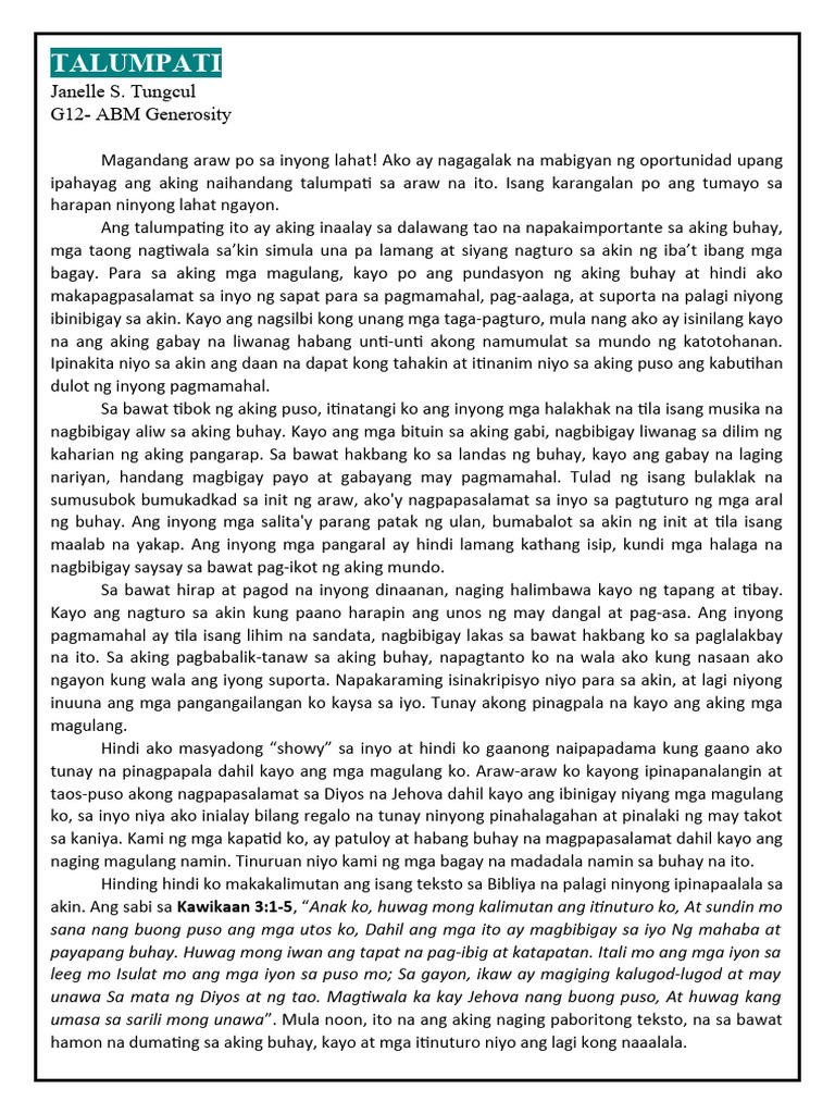 TALUMPATI PARA SA MAGULANG HALIMBAWA | PDF