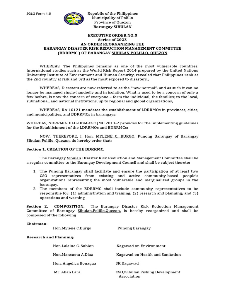 EO No. 005 2018 REORGANIZATION BDRRMC COMPOSITION | PDF | Emergency ...