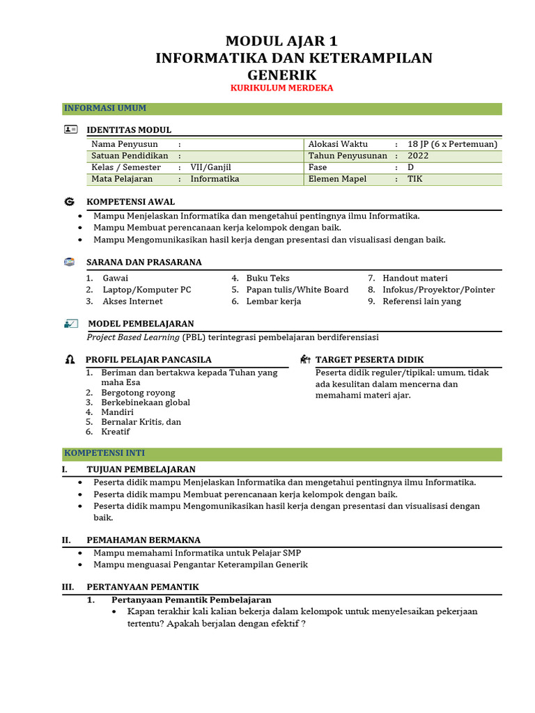 Modul Ajar Informatika K-VII SEM 1 | PDF | Karier & Perkembangan