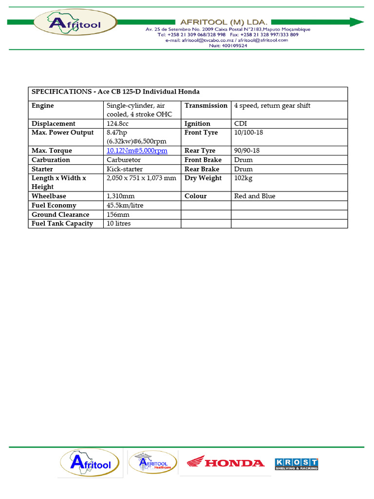 Ace CB 125-D Individual Honda Specs | PDF | Technology & Engineering