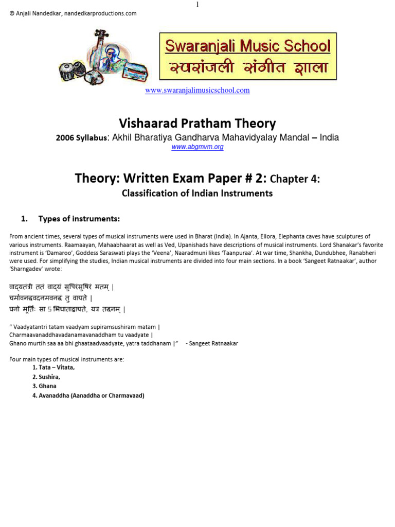 Theory VisharadPratham Paper2 Chapter4 ClassificationOfIndianInstruments | PDF | String ...