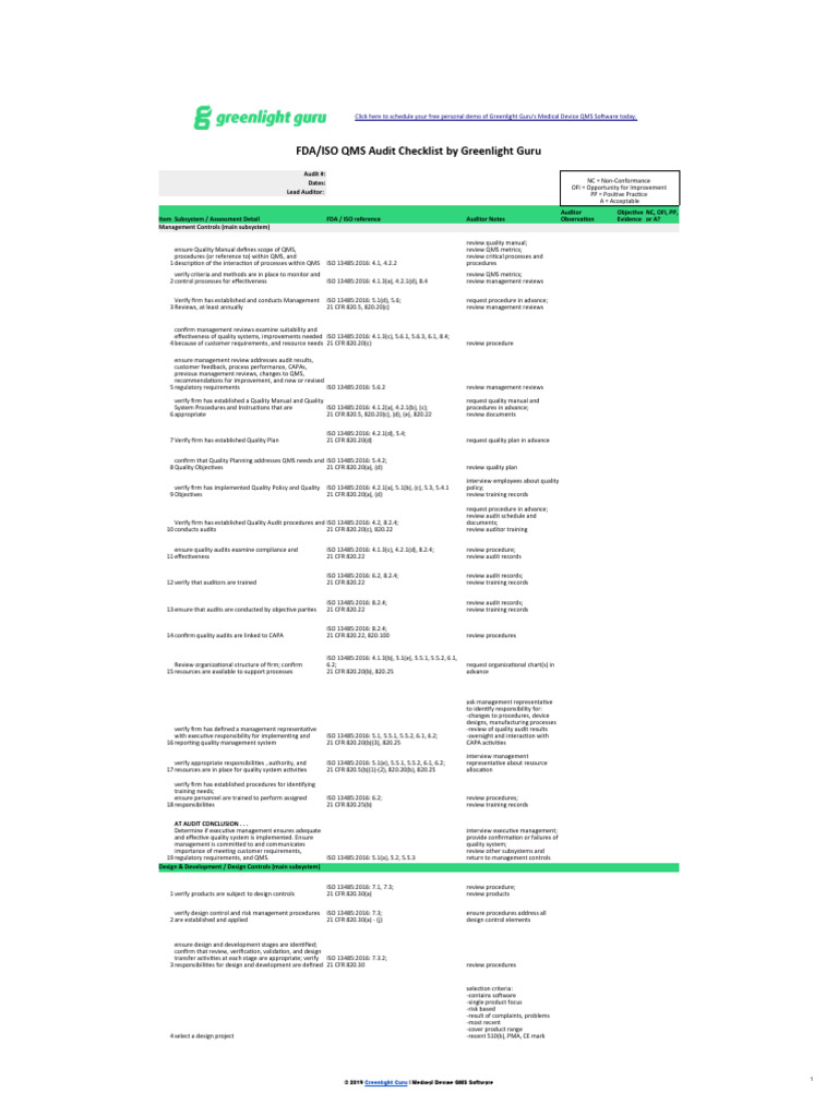FDA-ISO QMS Audit Checklist Greenlight Guru | Download Free PDF ...