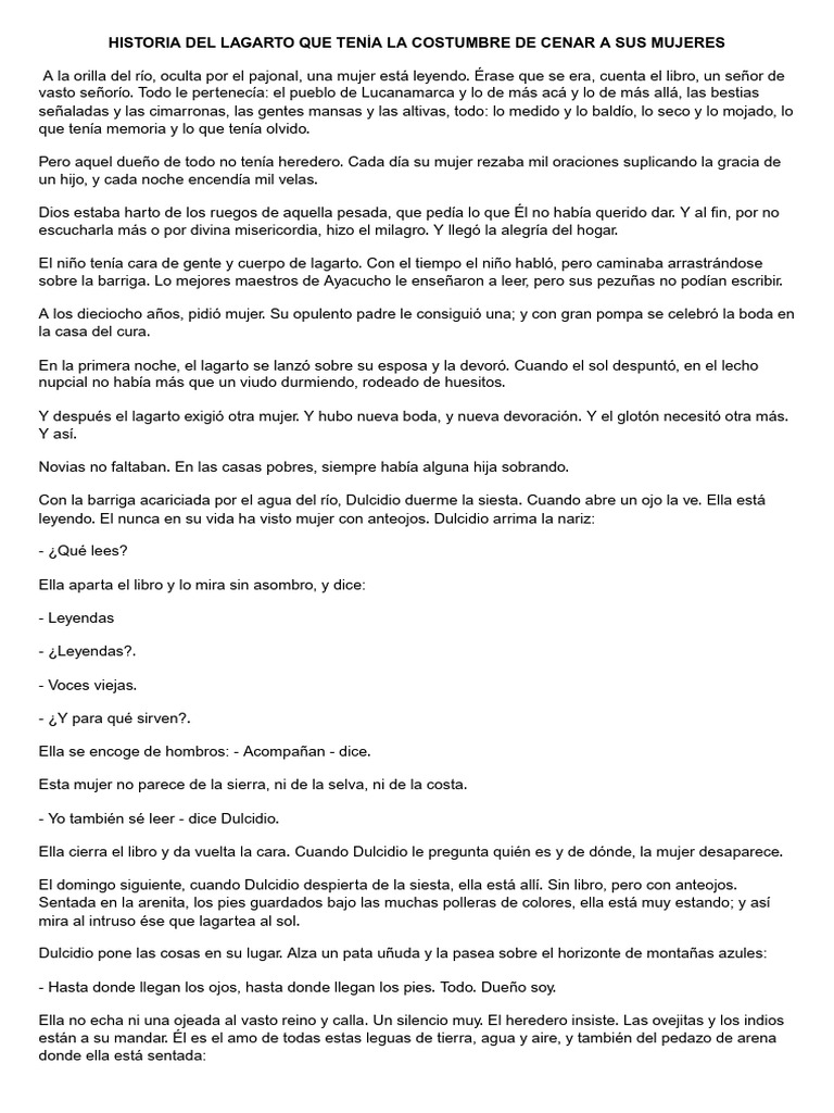 HISTORIA DEL LAGARTO QUE TENÍA LA COSTUMBRE DE CENAR A SUS MUJERES.docx_20240311_142856_0000 | PDF