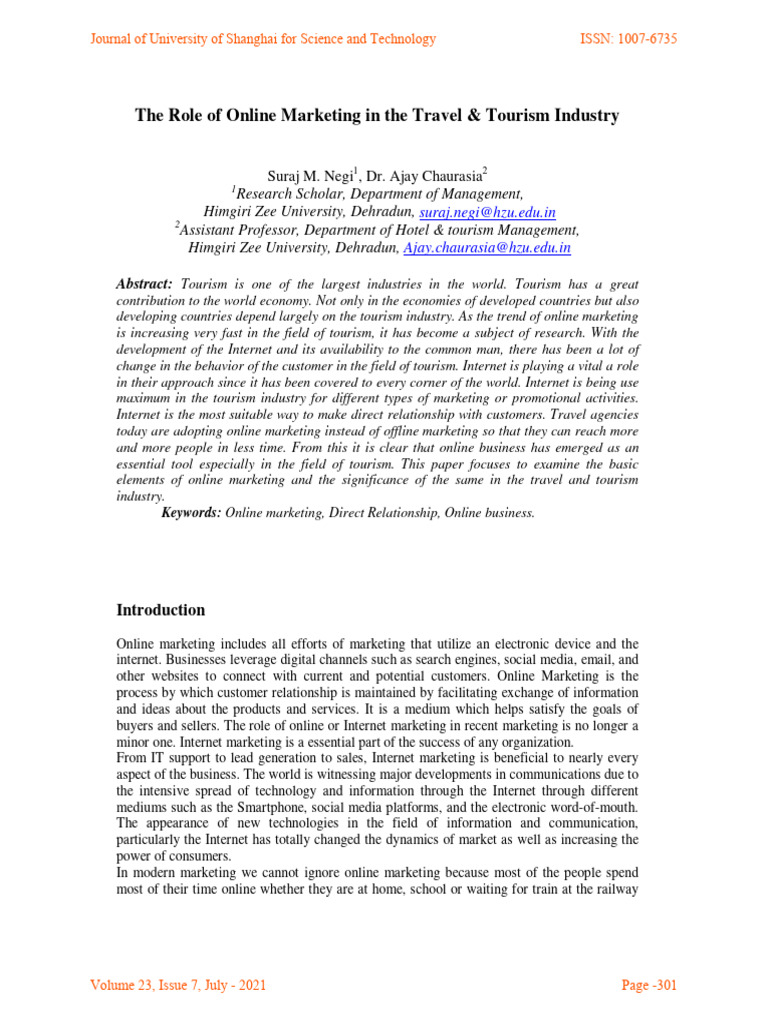The Role of Online Marketing in The Travel Tourism Industry | PDF | Digital Marketing | Marketing