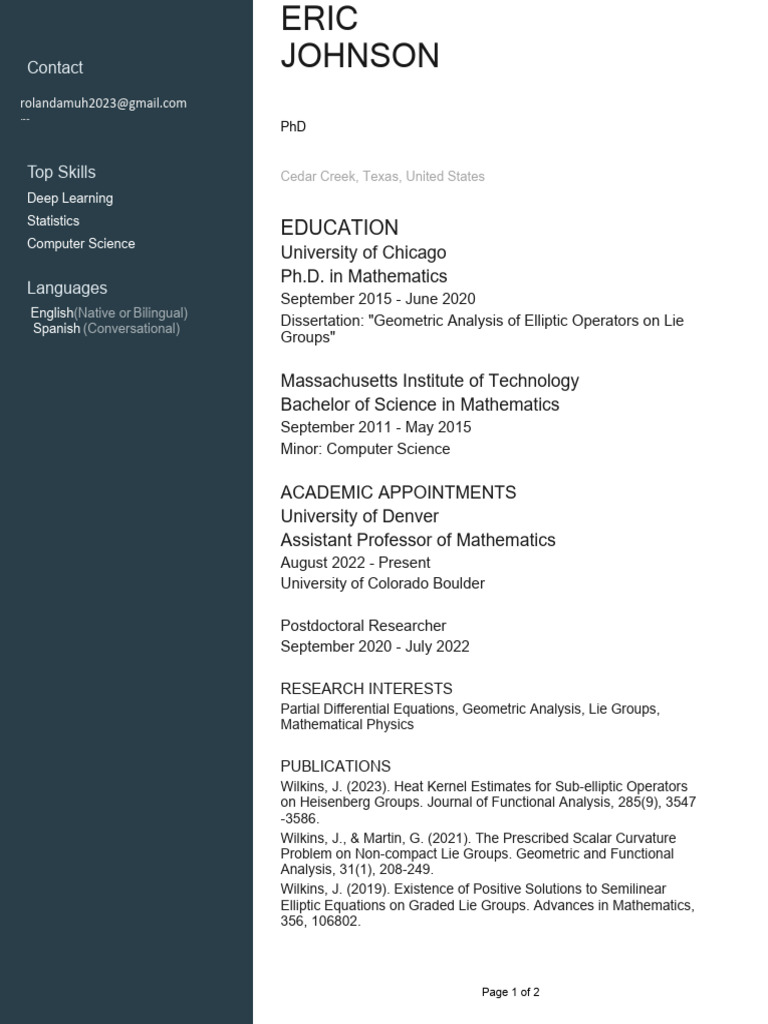 Eric Johnson Resume | PDF | Mathematical Analysis | Partial ...