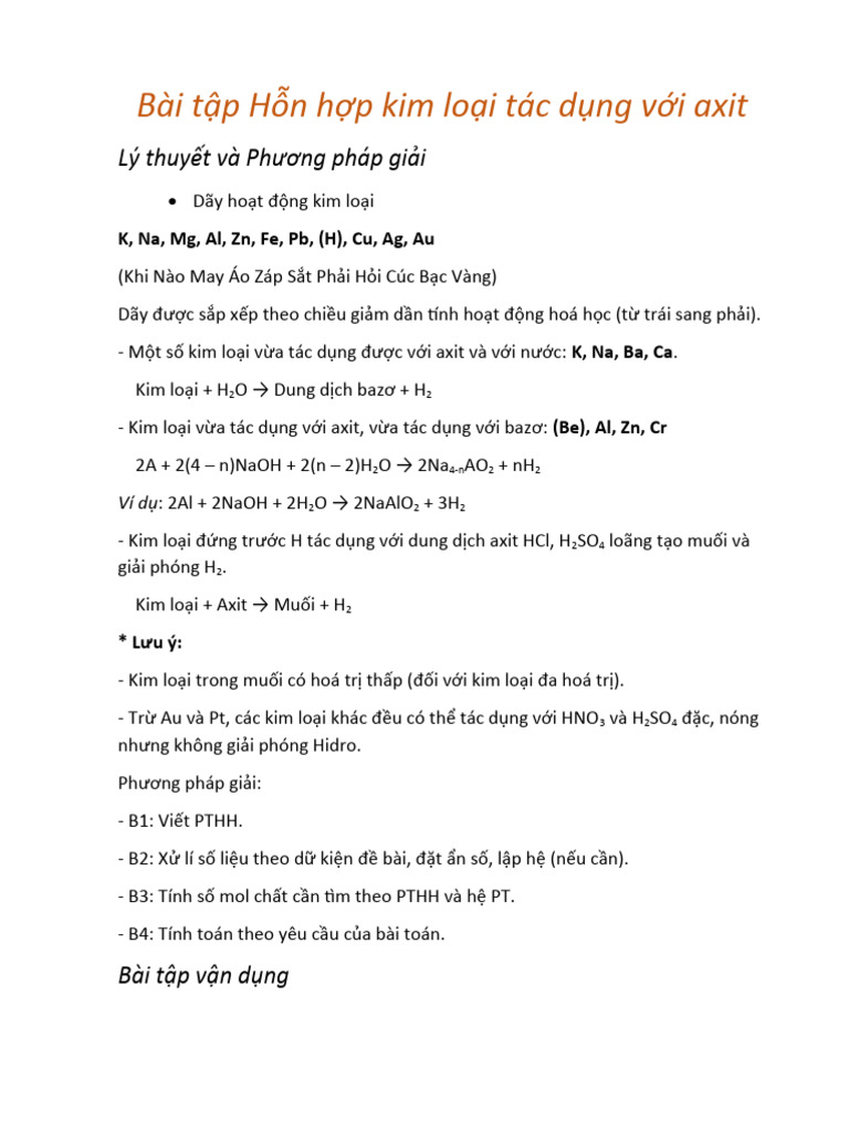 Bài tập Hỗn hợp kim loại tác dụng với axit | PDF