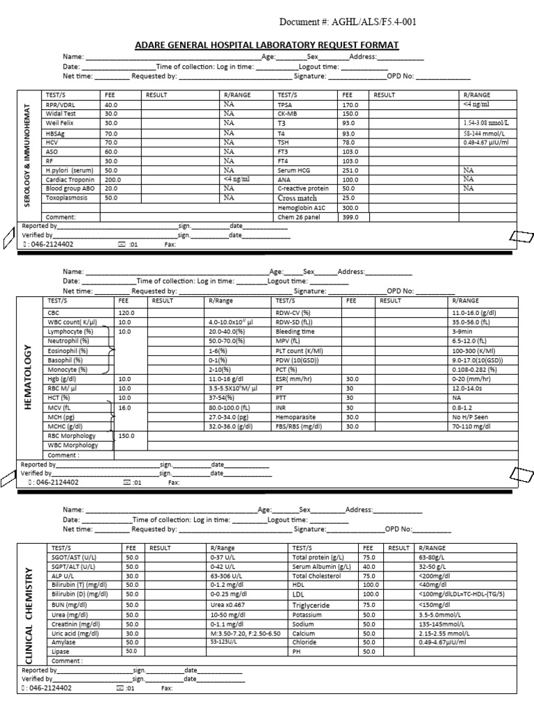 Hospital Lab Test Request Form | PDF