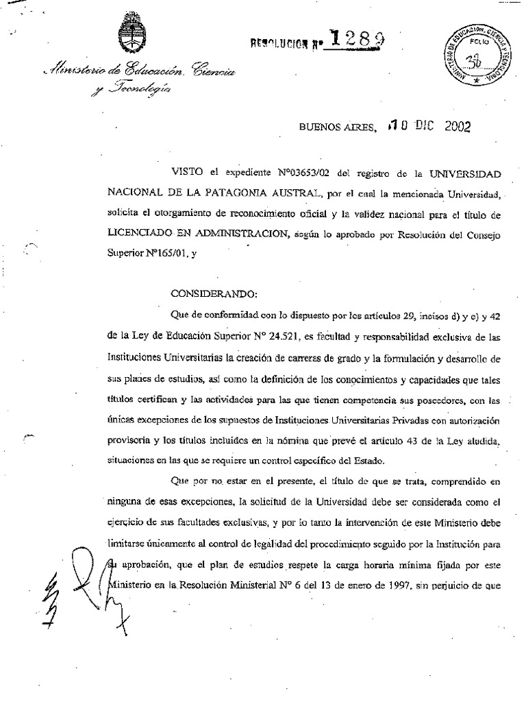 Licenciatura en Administraci+ N - Res ME 1289-02 | PDF